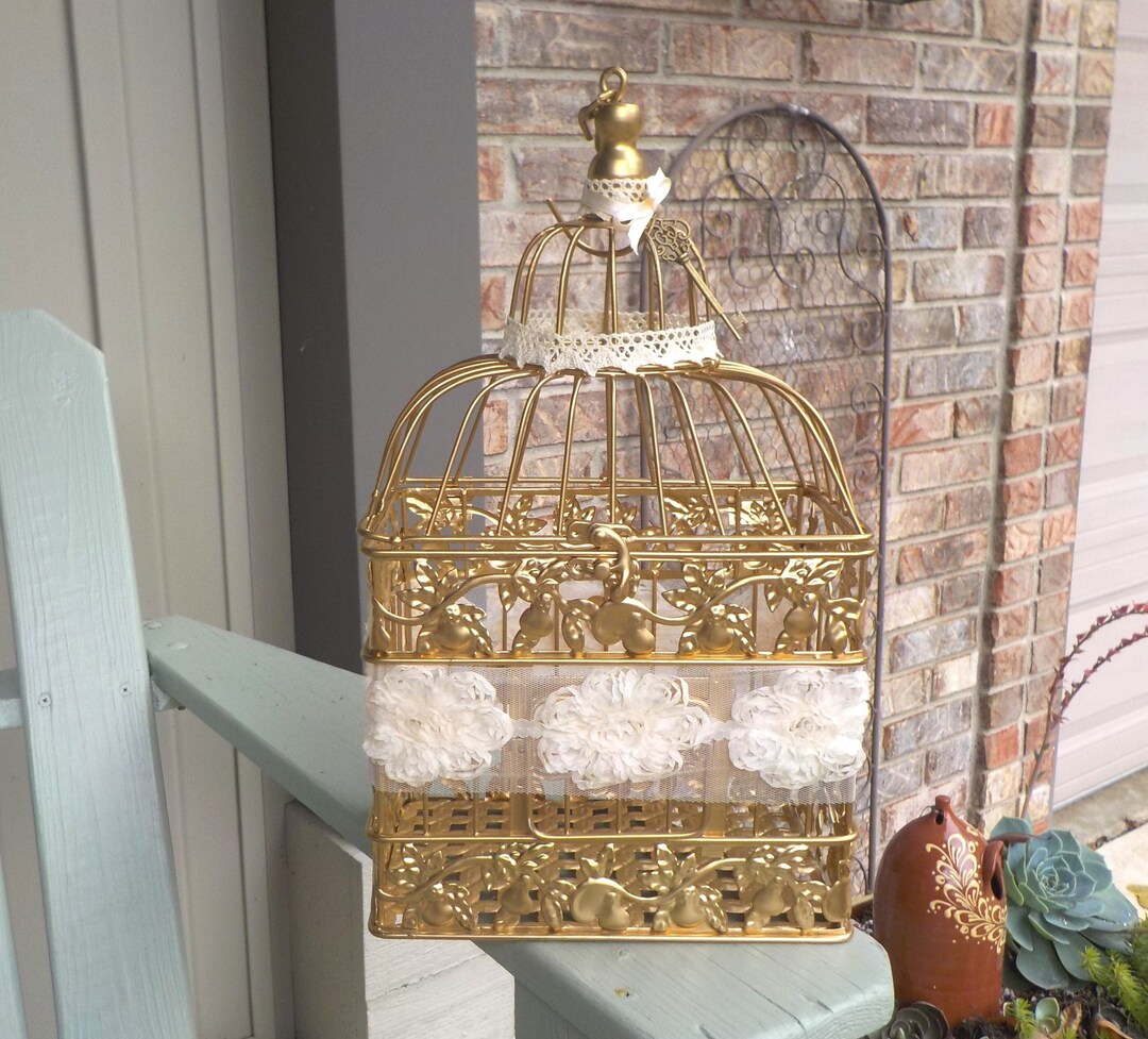 Victorian Vintage Inspired Bird Cage, Gold Bird Cage, Ivory Floral Lace ...