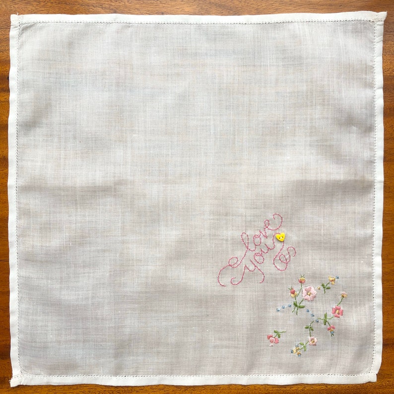 Love You Handkerchief: Hand Embroidered Cotton Vintage Hankie With ...