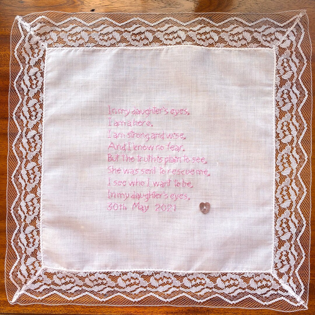 Hand Embroidered Poem Handkerchief: Vintage Lace, Mother of the Bride ...