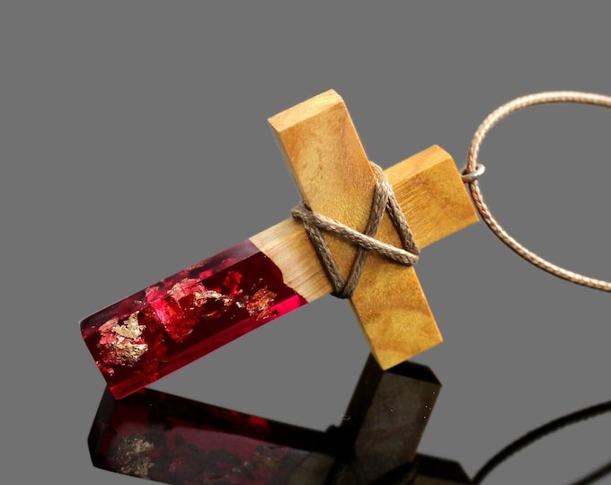 Red Resin Gold Cross Necklace Wood Resin Cross Necklace - Etsy