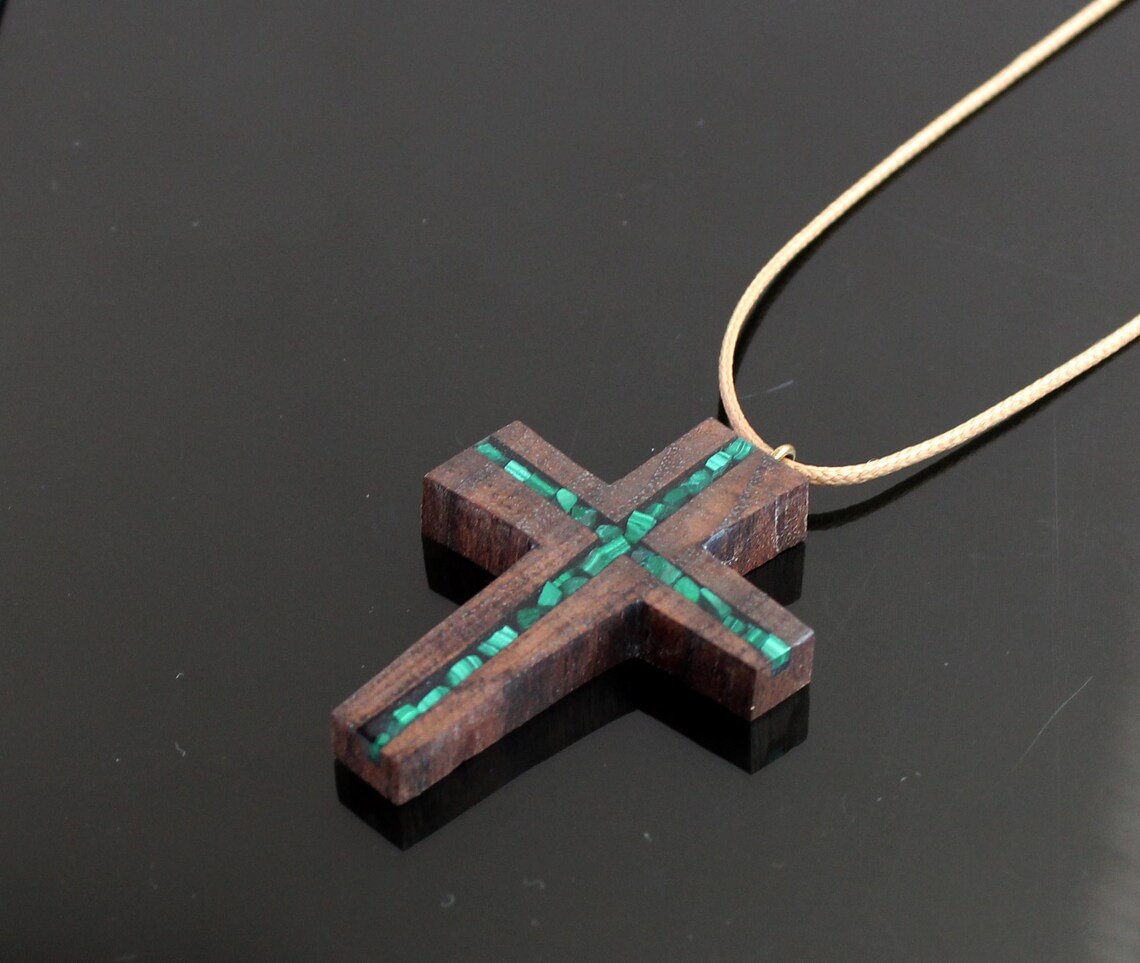 Malachite Cross - Wood Malachite Cross Necklace - Wood Boho Cross ...