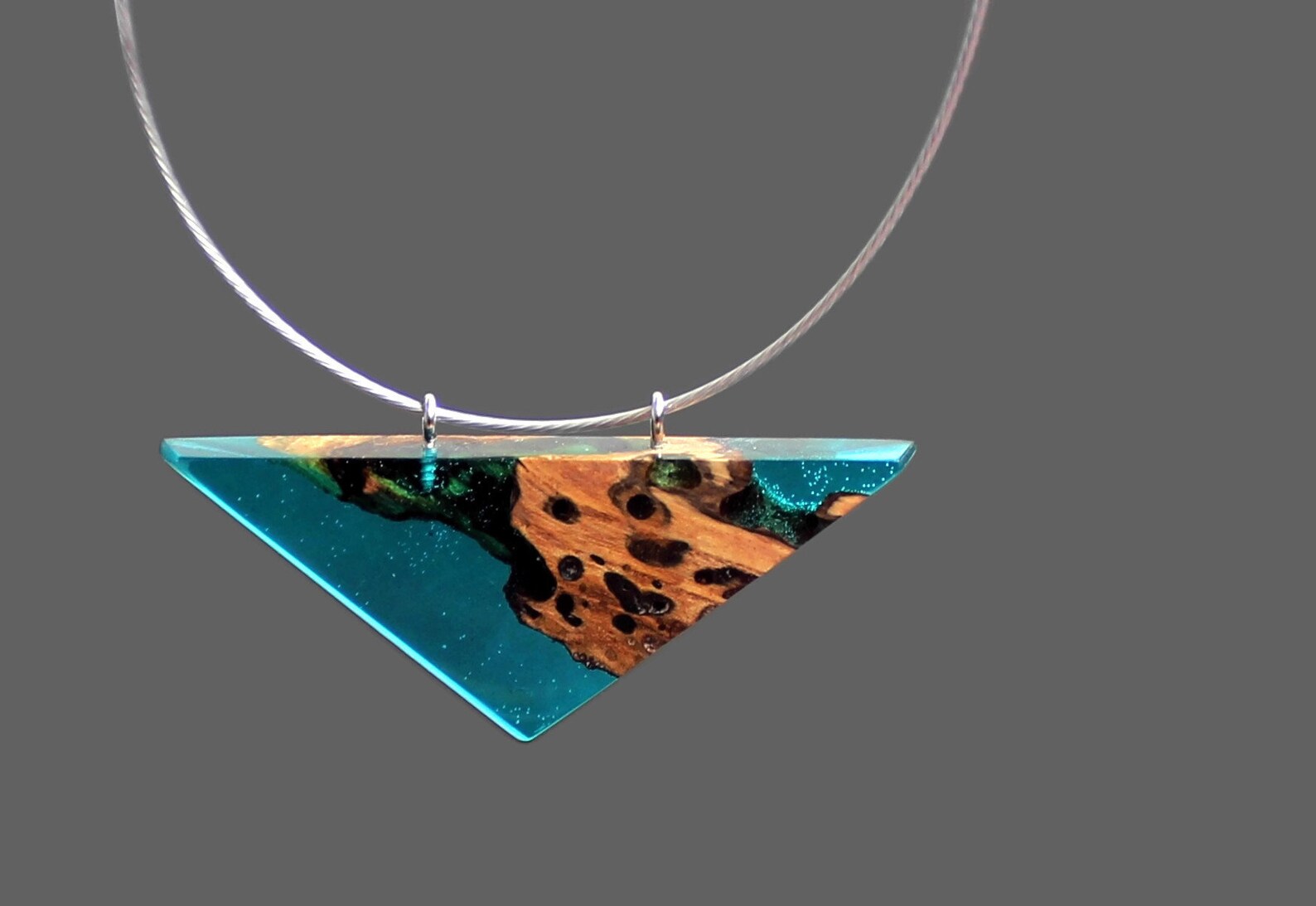 Wood Resin Triangle Necklace Exotic Wood Blue Resin Necklace | Etsy