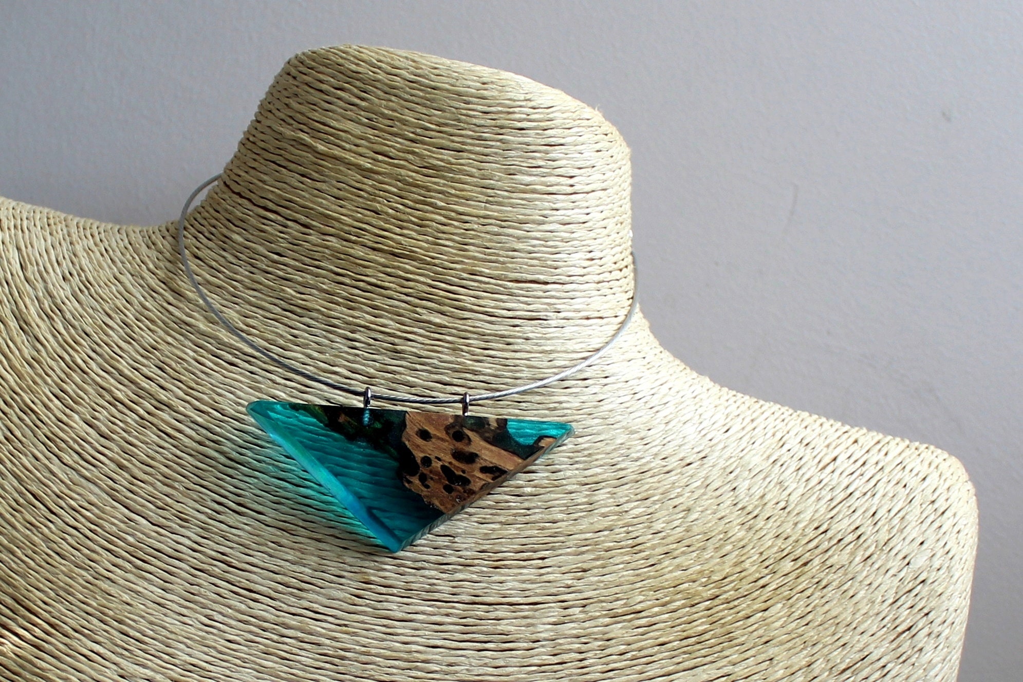 Wood Resin Triangle Necklace Exotic Wood Blue Resin Necklace | Etsy