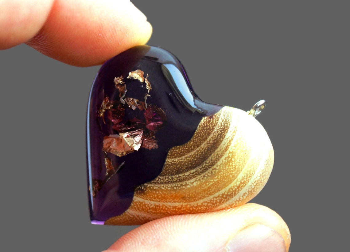 Purple Heart Necklace - Love Heart Gold Necklace - Resin Gold Necklace ...