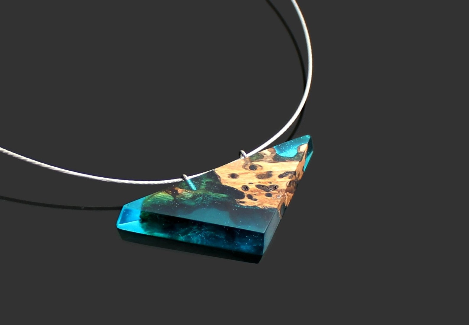 Wood Resin Triangle Necklace Exotic Wood Blue Resin Necklace | Etsy