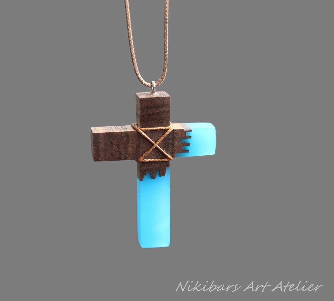 UV Glow Cross Pendant, Glow in Dark Cross Necklace, Wood Resin Cross ...