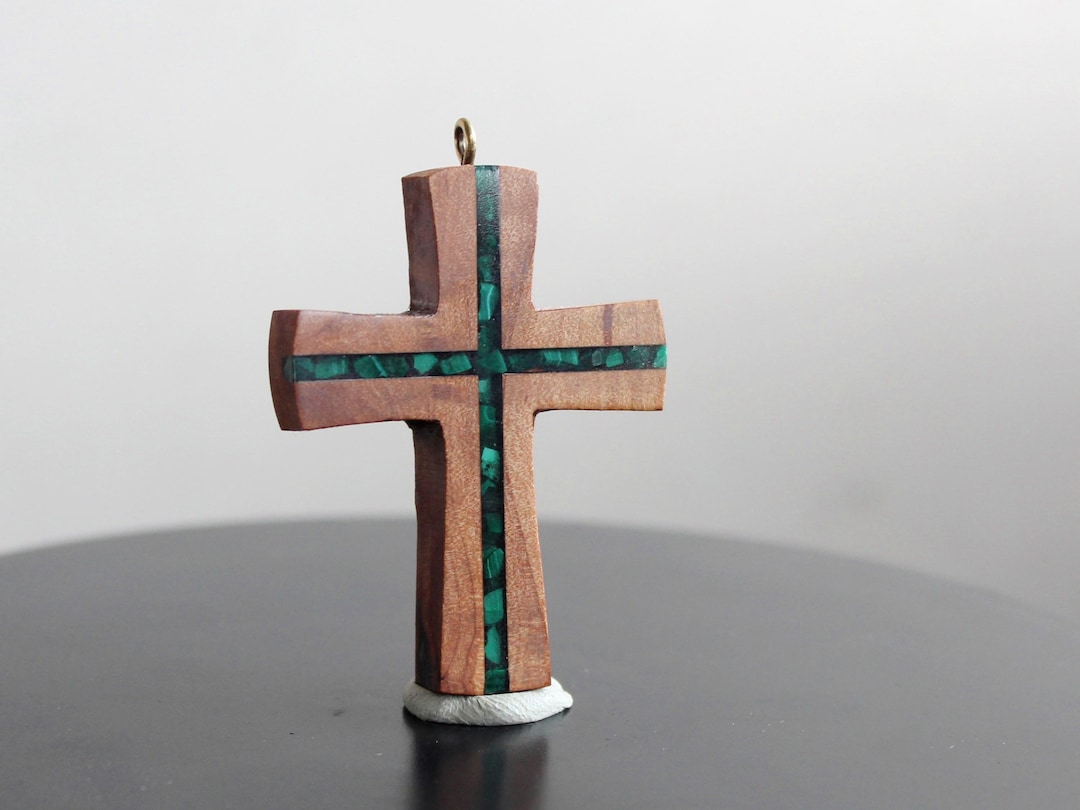 Malachite Wood Cross Necklace – Gemstone Inlay Wooden Crucifix Pendant ...