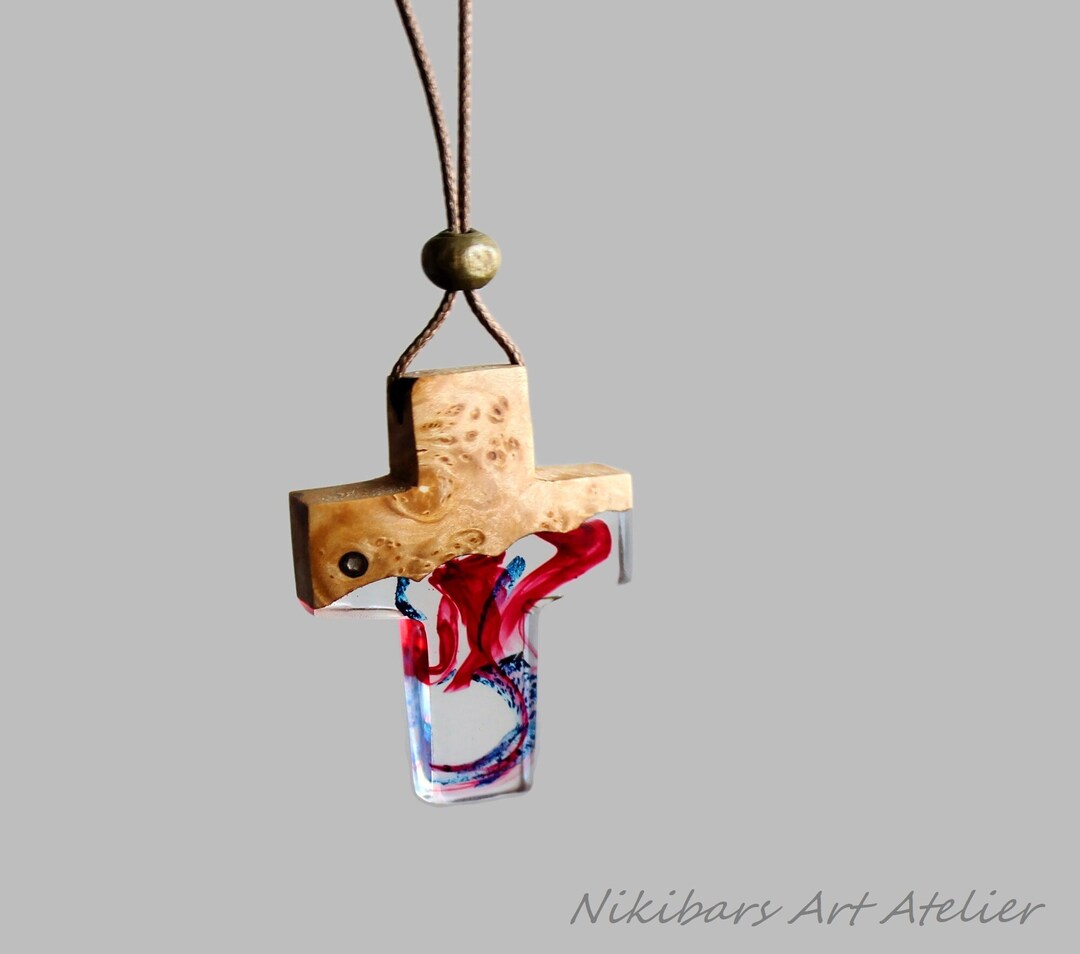 Blue Red Cross Pendant, Resin Wood Cross Necklace, Wooden Cross Pendant ...