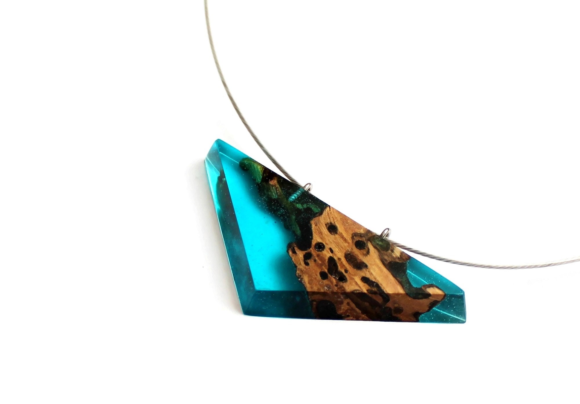 Wood Resin Triangle Necklace Exotic Wood Blue Resin Necklace | Etsy