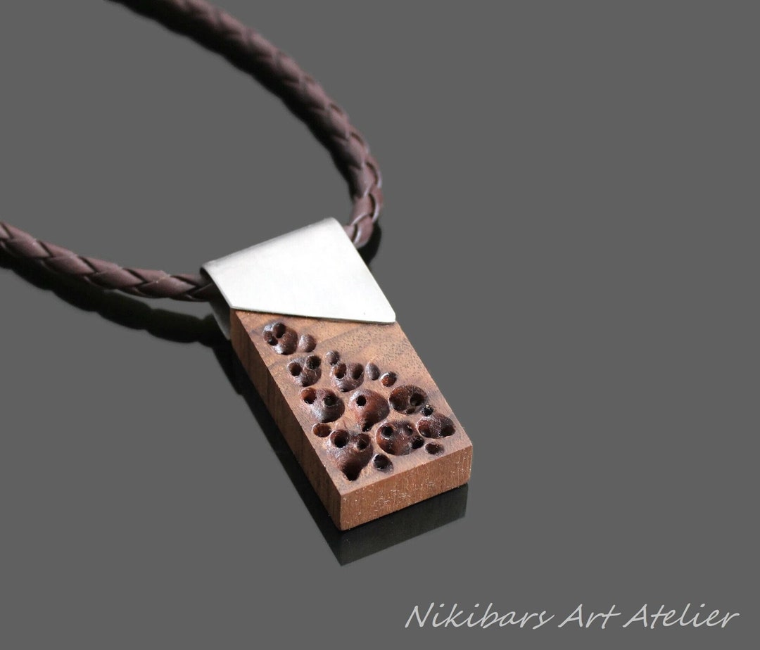 Handmade Walnut Wood Necklace, Stainless Steel Pendant, Boho Man ...
