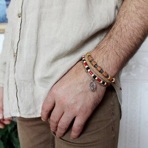 OM Leather Bracelet, Tribal Wooden Bead Bangle, Men's Yoga Jewelry - Etsy