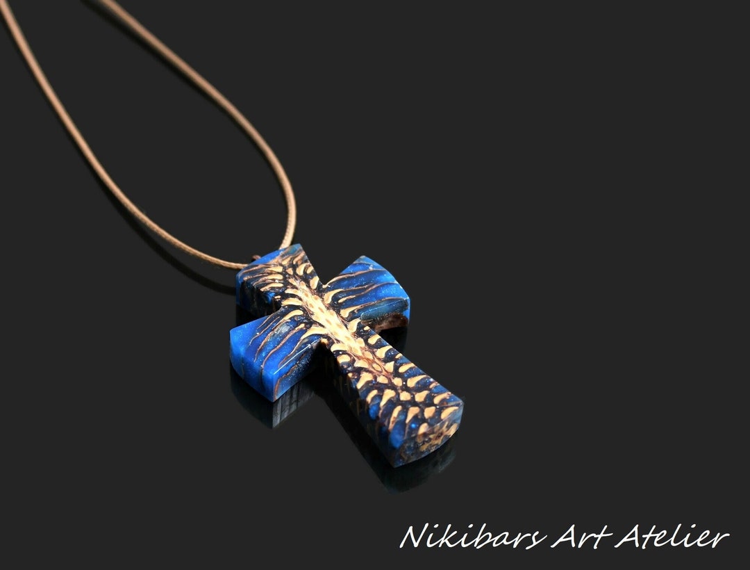 Resin Pinecone Cross, Blue Cross Pendant, Boho Cross, Resin Wood Cross ...