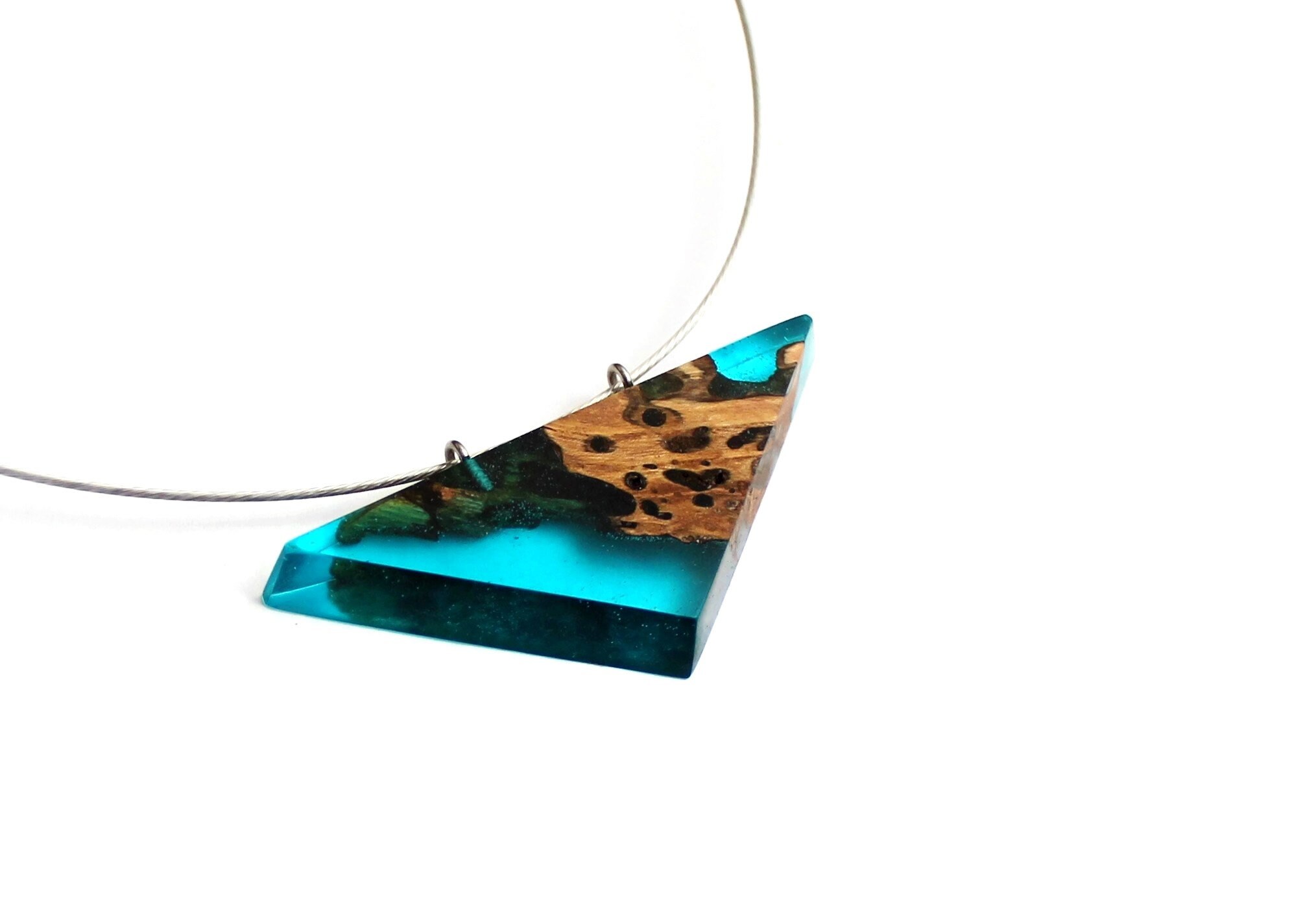 Wood Resin Triangle Necklace Exotic Wood Blue Resin Necklace | Etsy