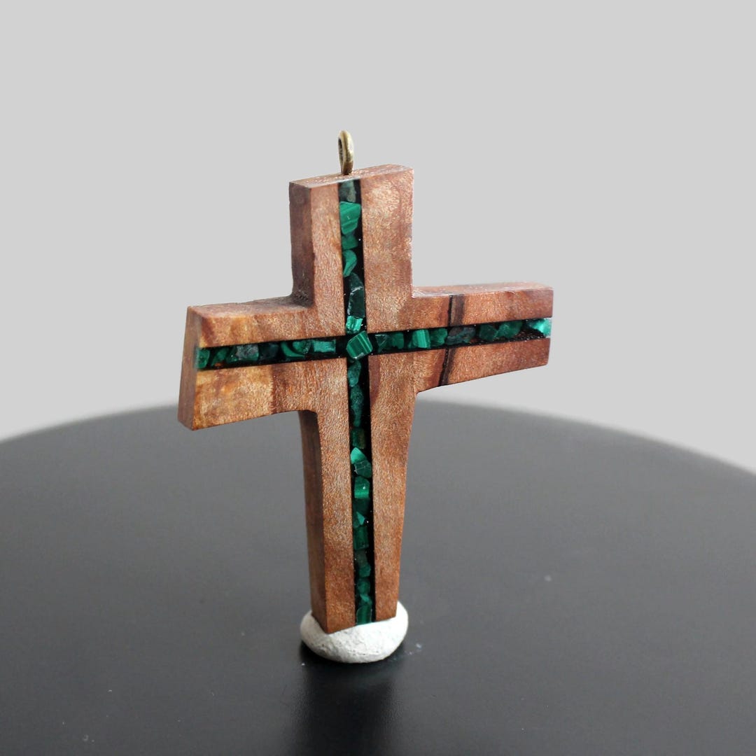 Malachite Cross Pendant - Wooden Art Cross - Wood Cross Necklace ...