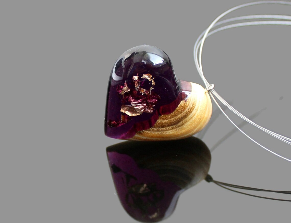 Purple Heart Necklace - Love Heart Gold Necklace - Resin Gold Necklace ...