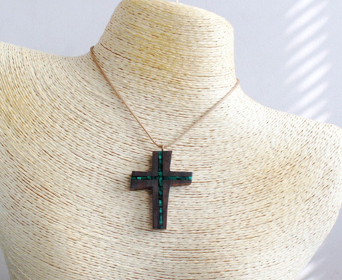 Malachite Cross - Wood Malachite Cross Necklace - Wood Boho Cross ...