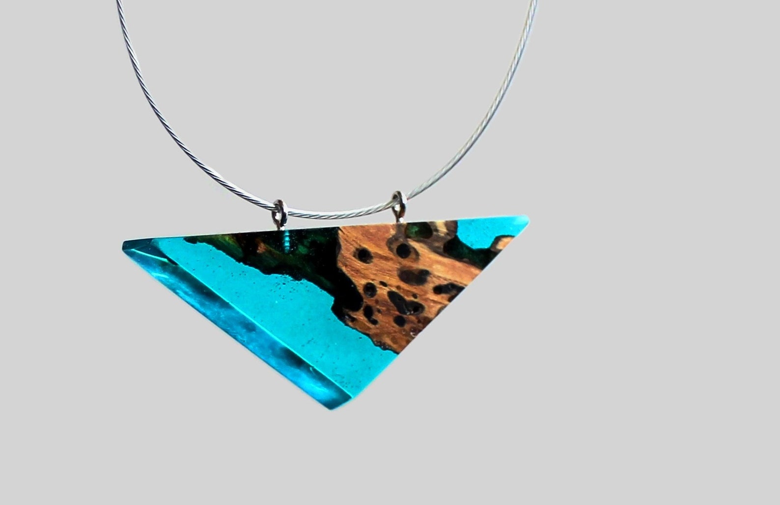 Wood Resin Triangle Necklace Exotic Wood Blue Resin Necklace | Etsy