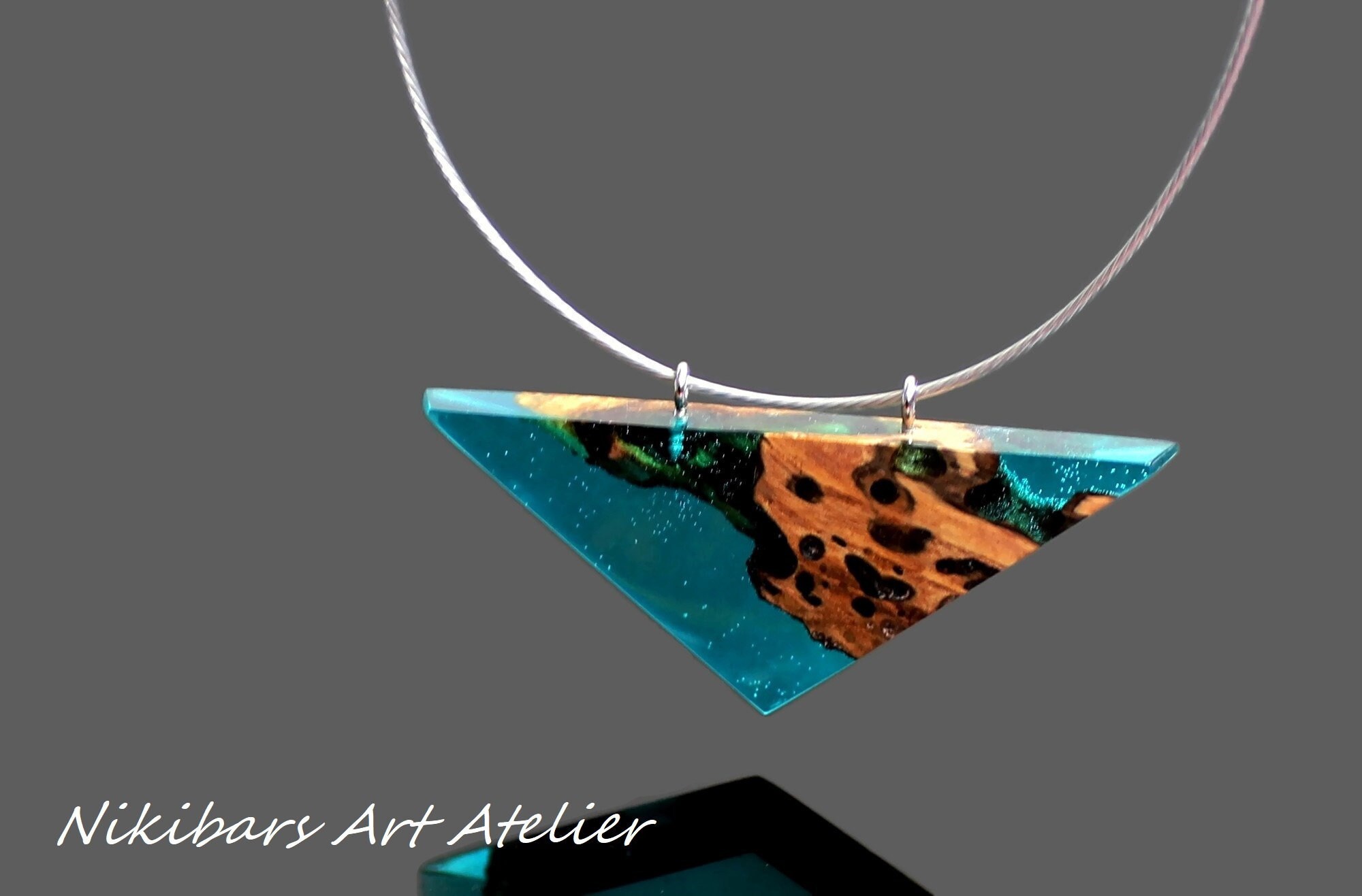 Wood Resin Triangle Necklace Exotic Wood Blue Resin Necklace | Etsy