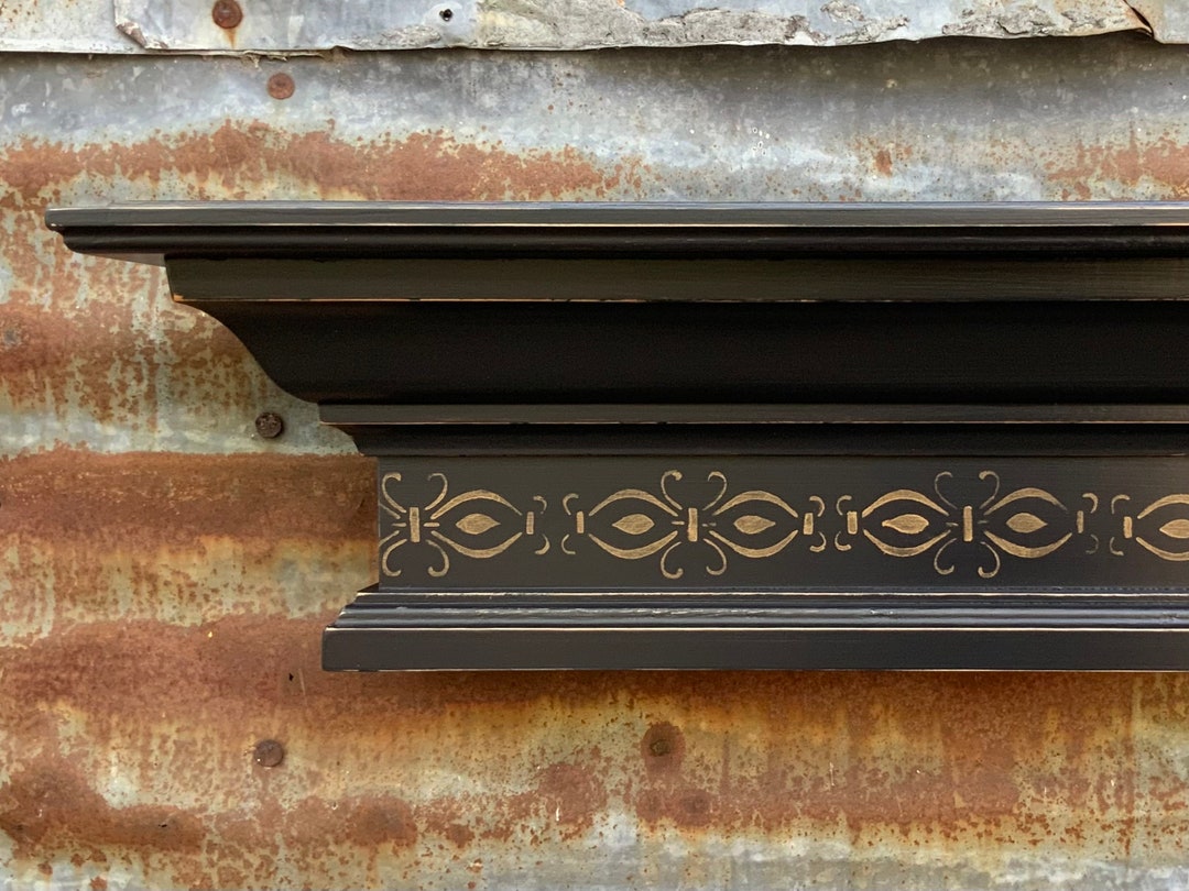 Black Wooden Wall Shelf With Stencil, Crown Molding Mantel - Etsy