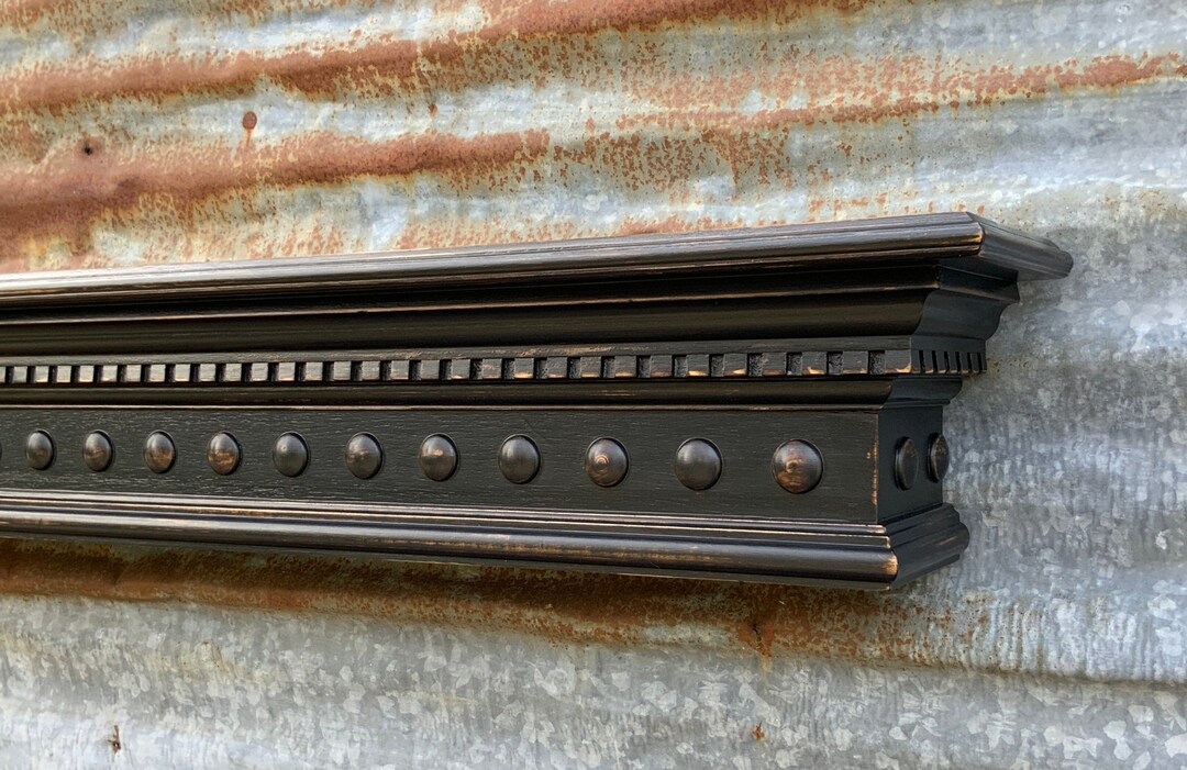 Black Wooden Wall Shelf Mantel With Dentil Crown Molding and Wooden ...