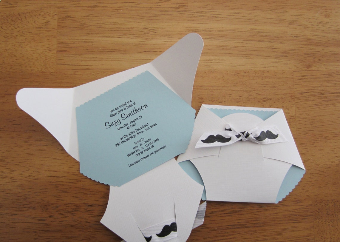 Handmade Baby Shower Invitation Diaper Shape w/ Mustache | Etsy
