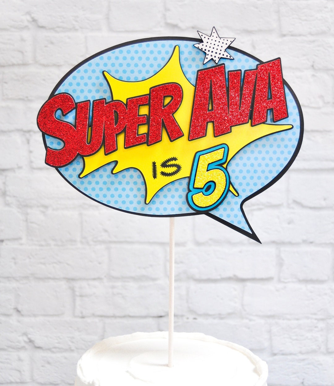 Personalized Super Hero Cake Topper: Comic Book Style, Glitter Details ...