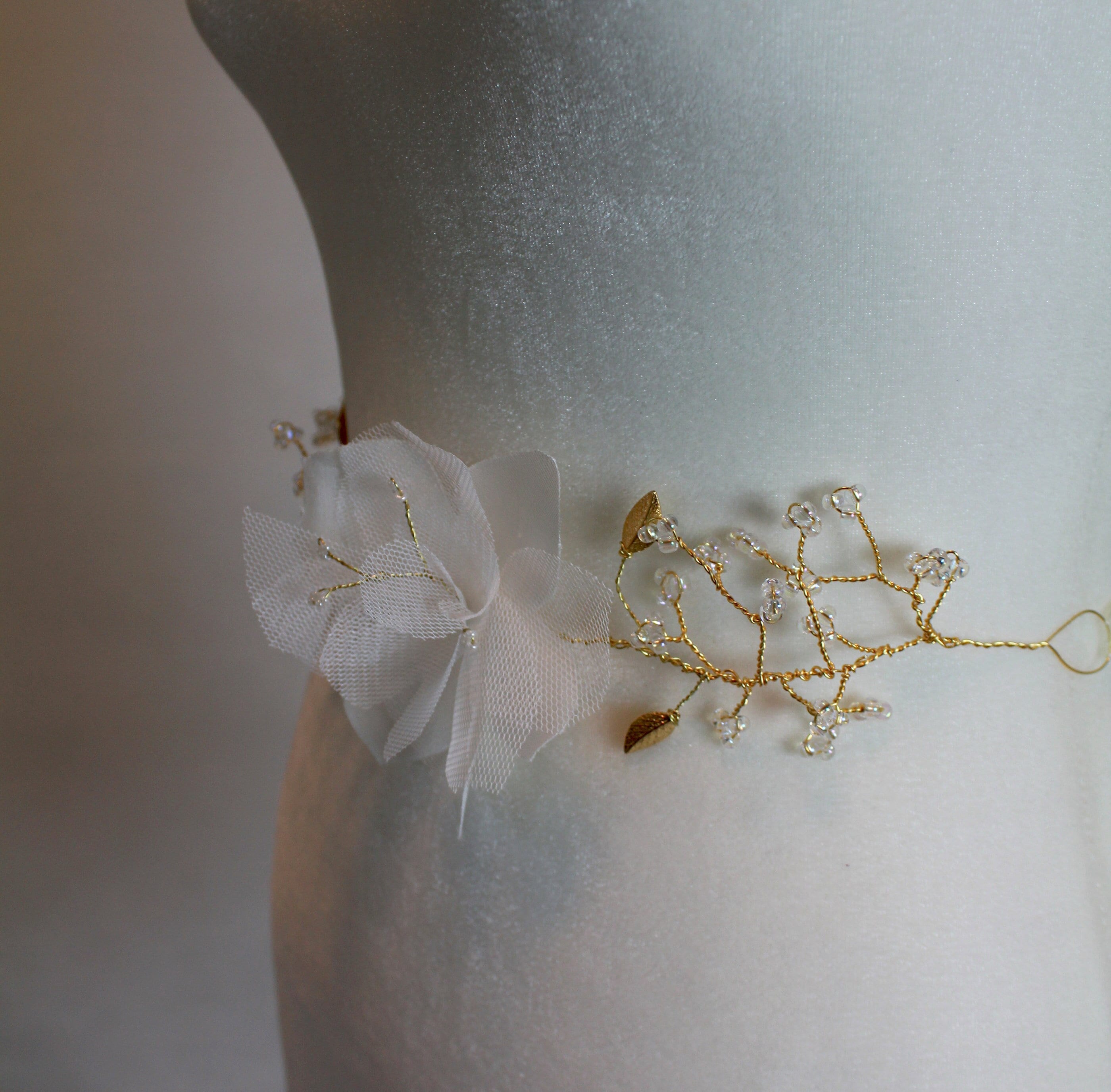 Lily Silk Flower and Metal Leaf Beaded Bridal Belt / Jeweled - Etsy