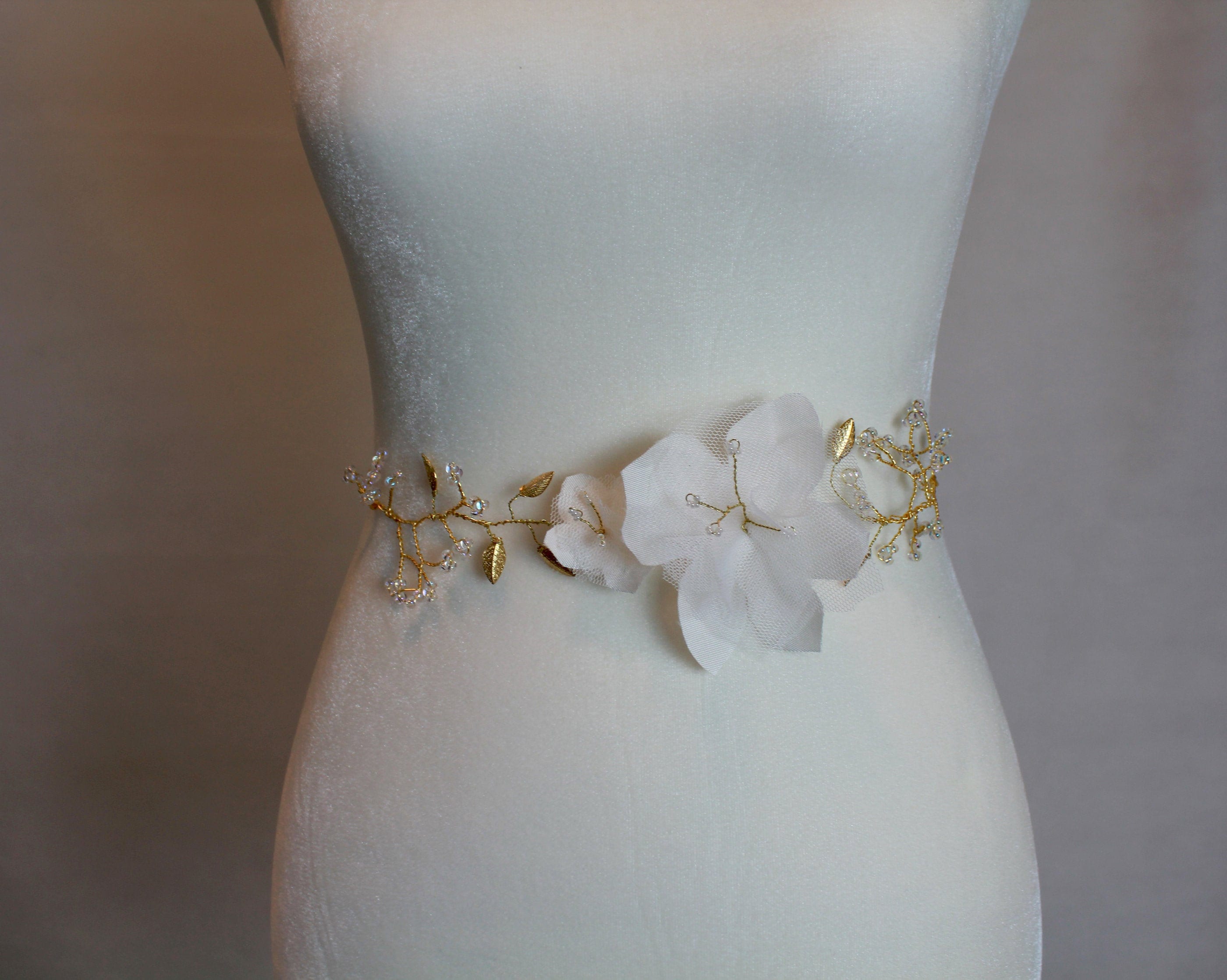 Lily Silk Flower and Metal Leaf Beaded Bridal Belt / Jeweled - Etsy