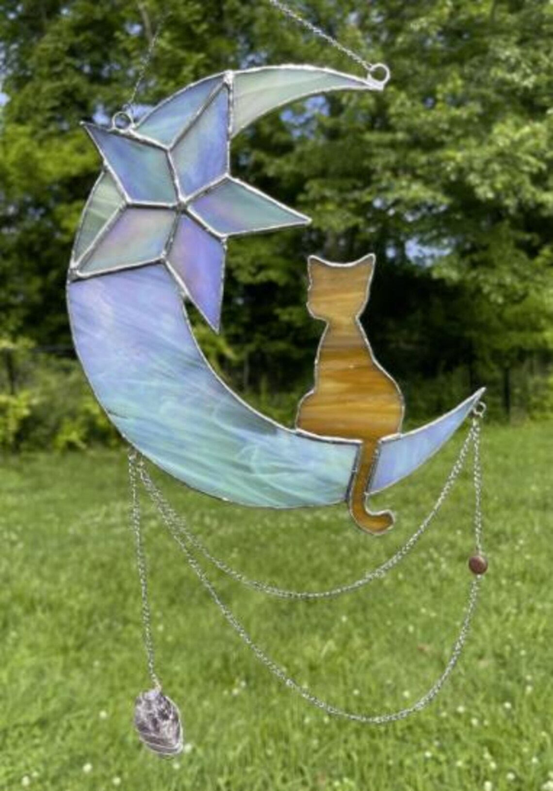 Cat Sitting on Moon With Star Stained Glass Pattern, Stained Glass ...