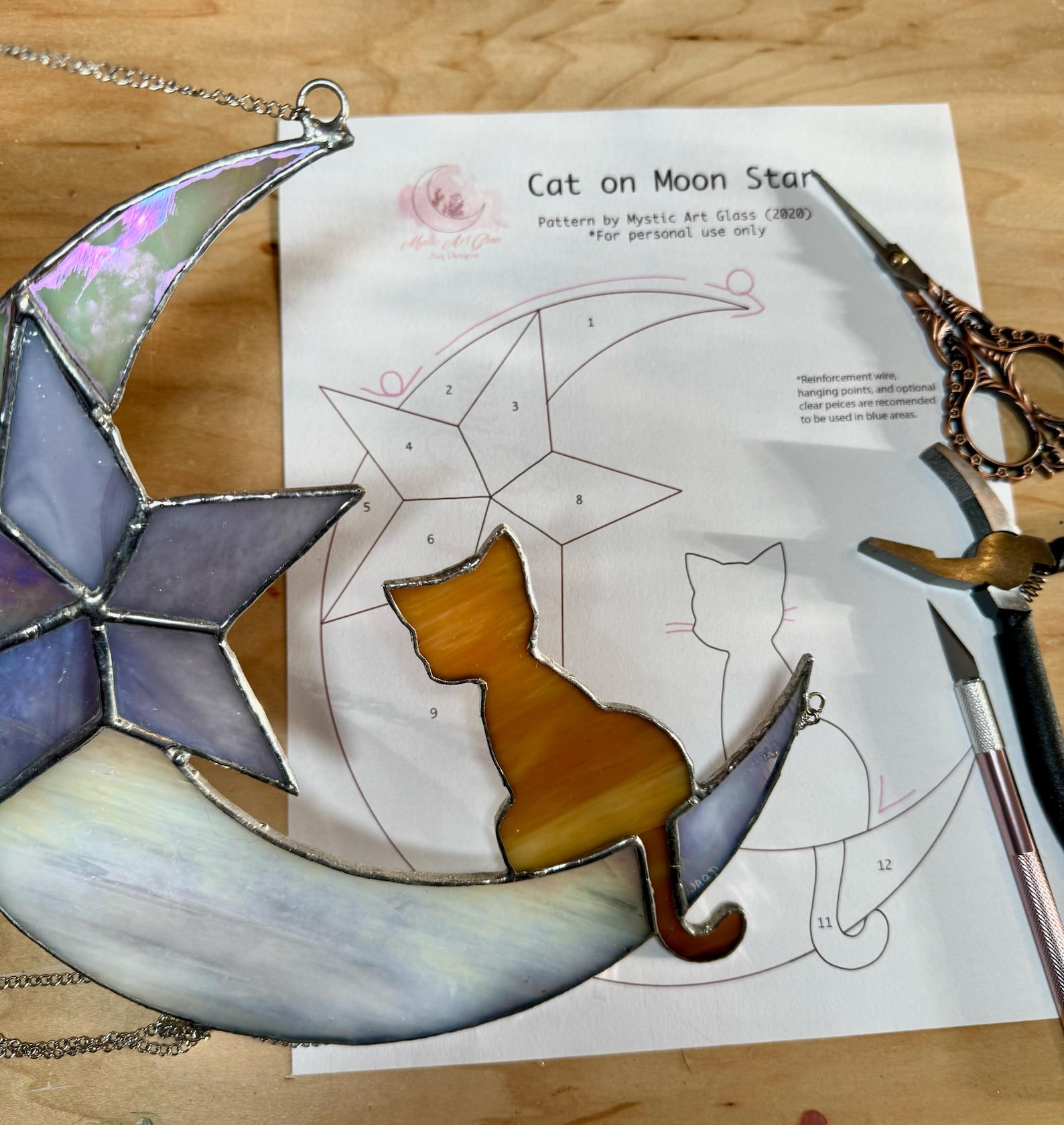 Cat Sitting on Moon With Star Stained Glass Pattern, Stained Glass ...