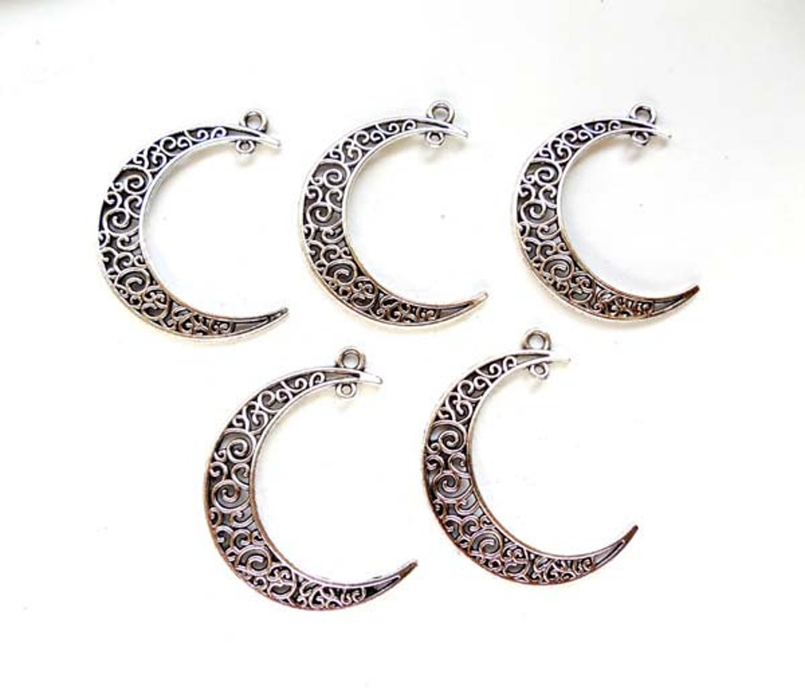 4 Antique Silver Crescent Moon Filigree Charm/connectors - Etsy