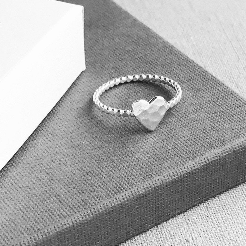 Sterling Silver Heart Ring Beaded Silver Band Silver | Etsy