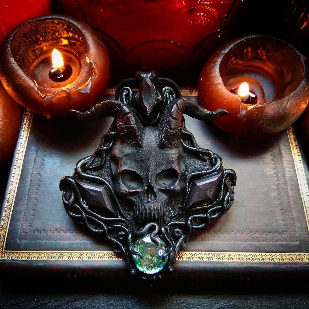 Hand Sculpted Horned Skull, Gothic Necklace, Demon Pendant, Witch ...