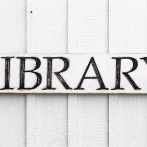 Library Sign - Carved in a 40"x8" Solid Wood Board Rustic Distressed ...