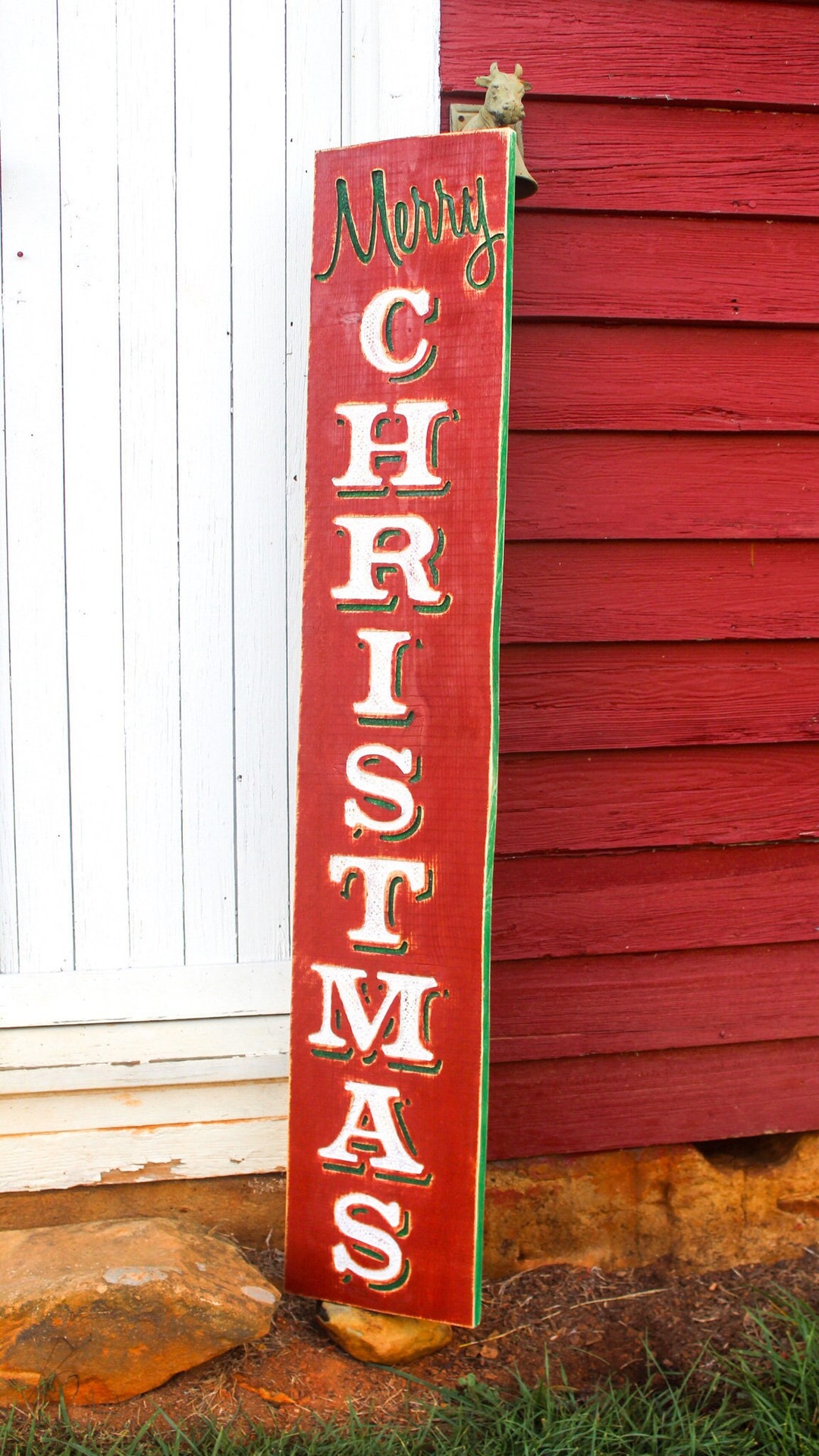 Large Merry Christmas Sign | Carved in Solid Wood | Rustic Distressed ...