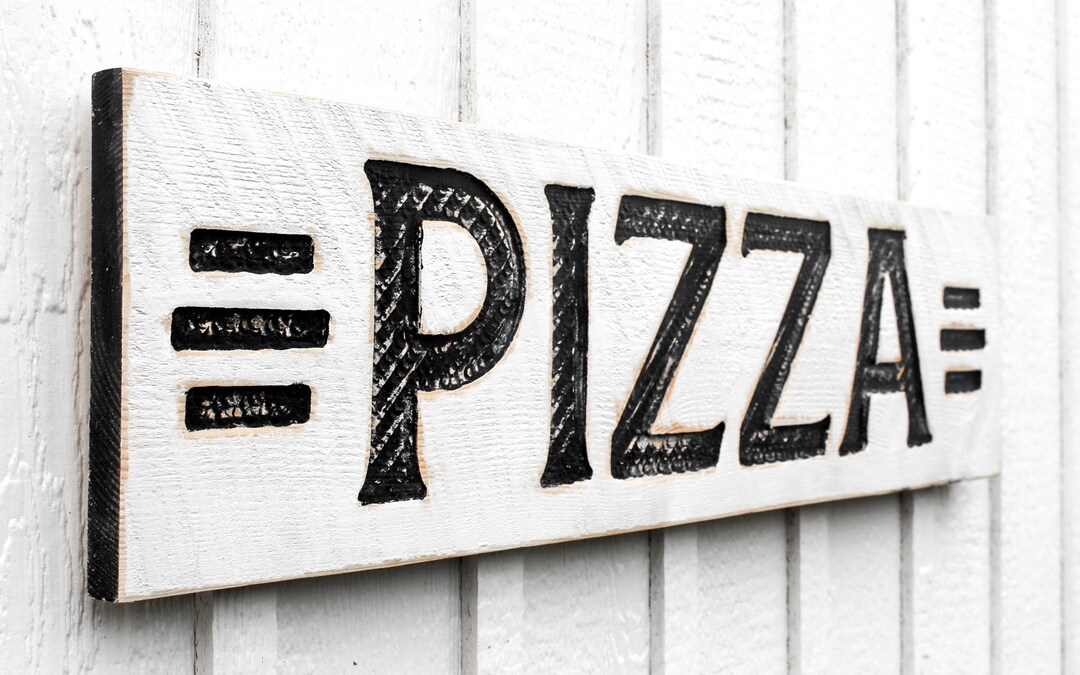Pizza Sign - Carved in a 40"x10" Solid Wood Board Rustic Distressed ...