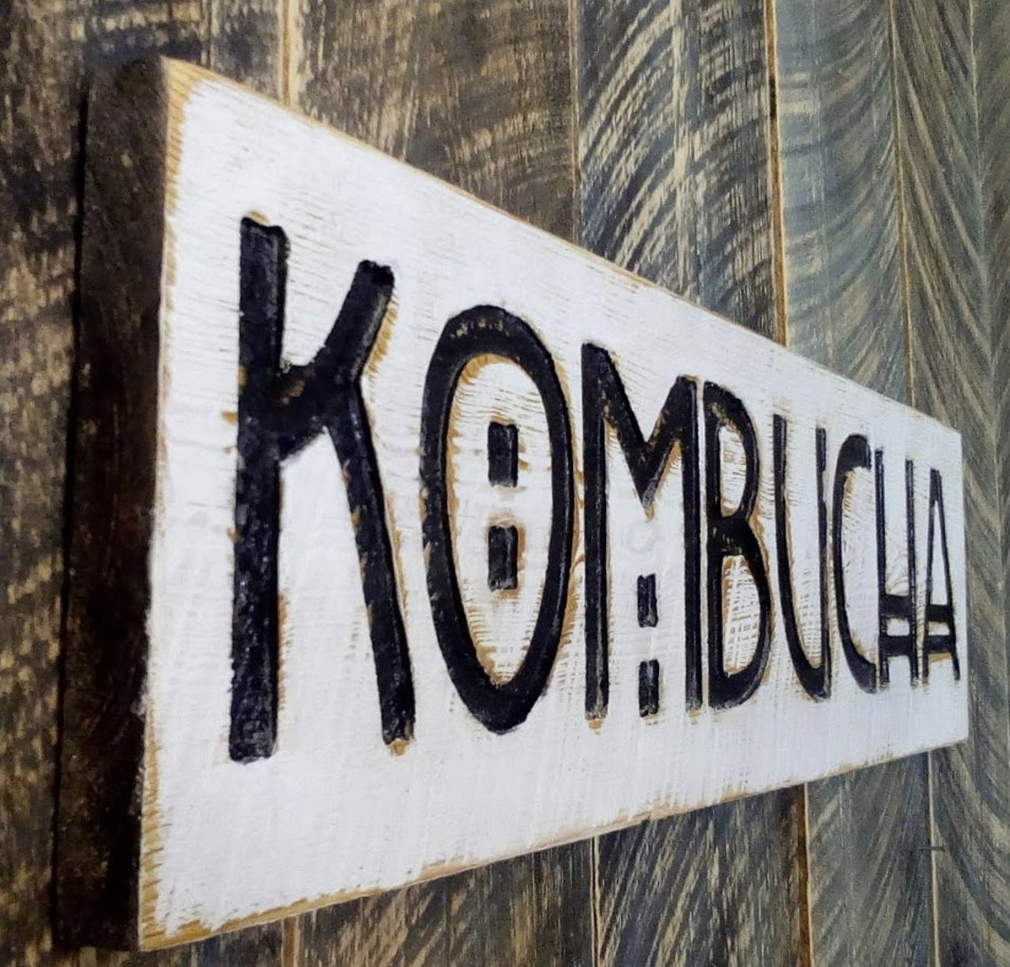 Kombucha Sign Carved in a Solid Wood Board Rustic Distressed | Etsy