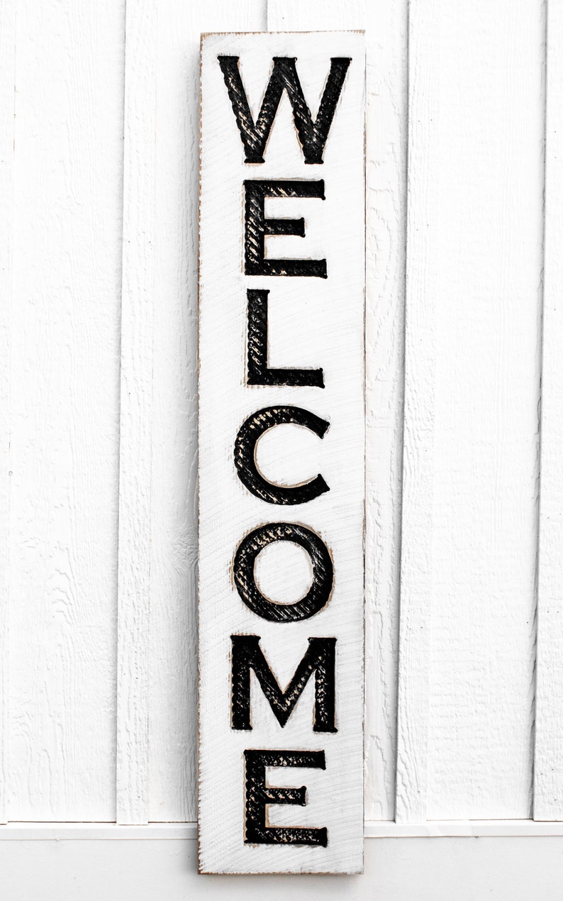 Vertical Welcome Sign – Rustic Carved Wood, Distressed Farmhouse Decor ...