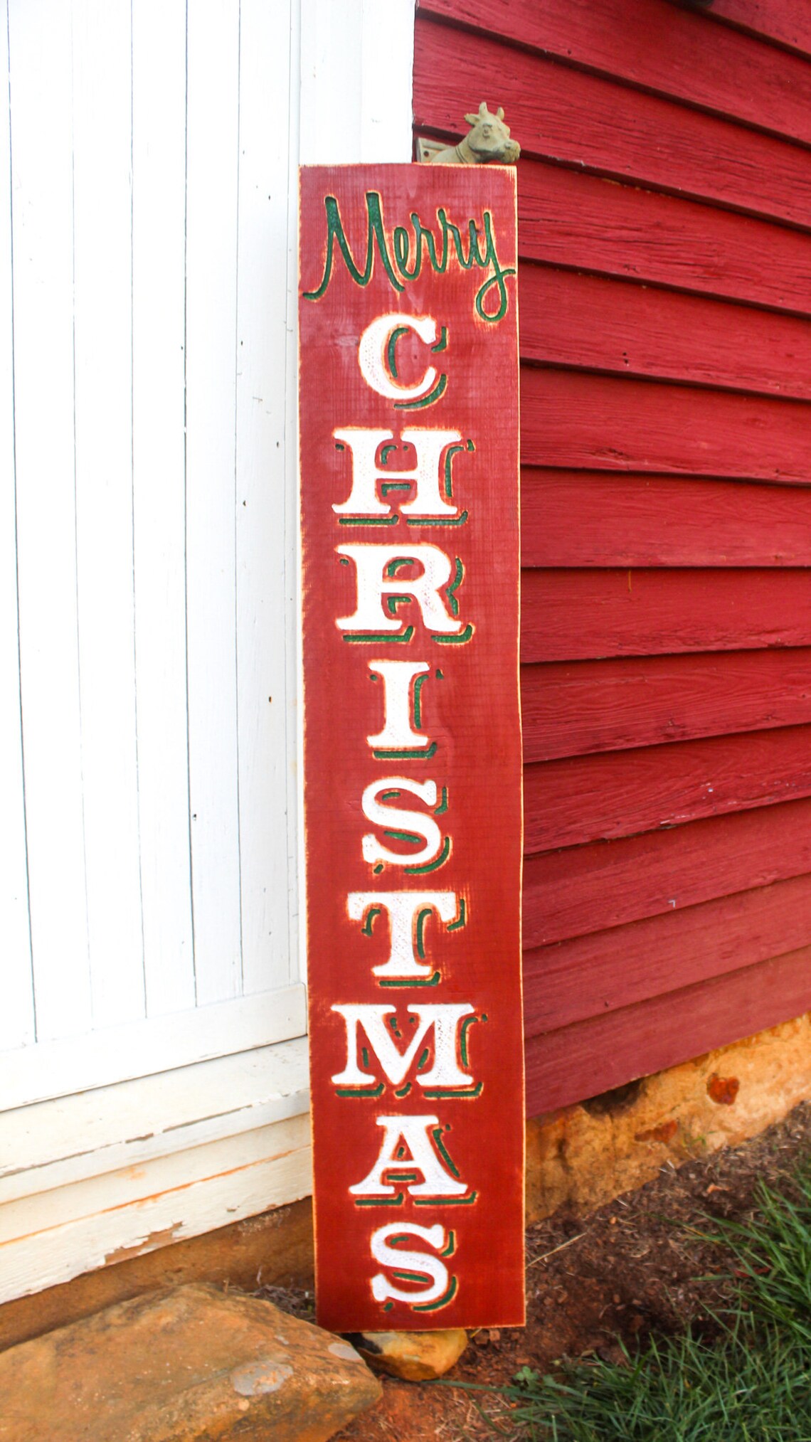 Large Merry Christmas Sign | Carved in Solid Wood | Rustic Distressed ...