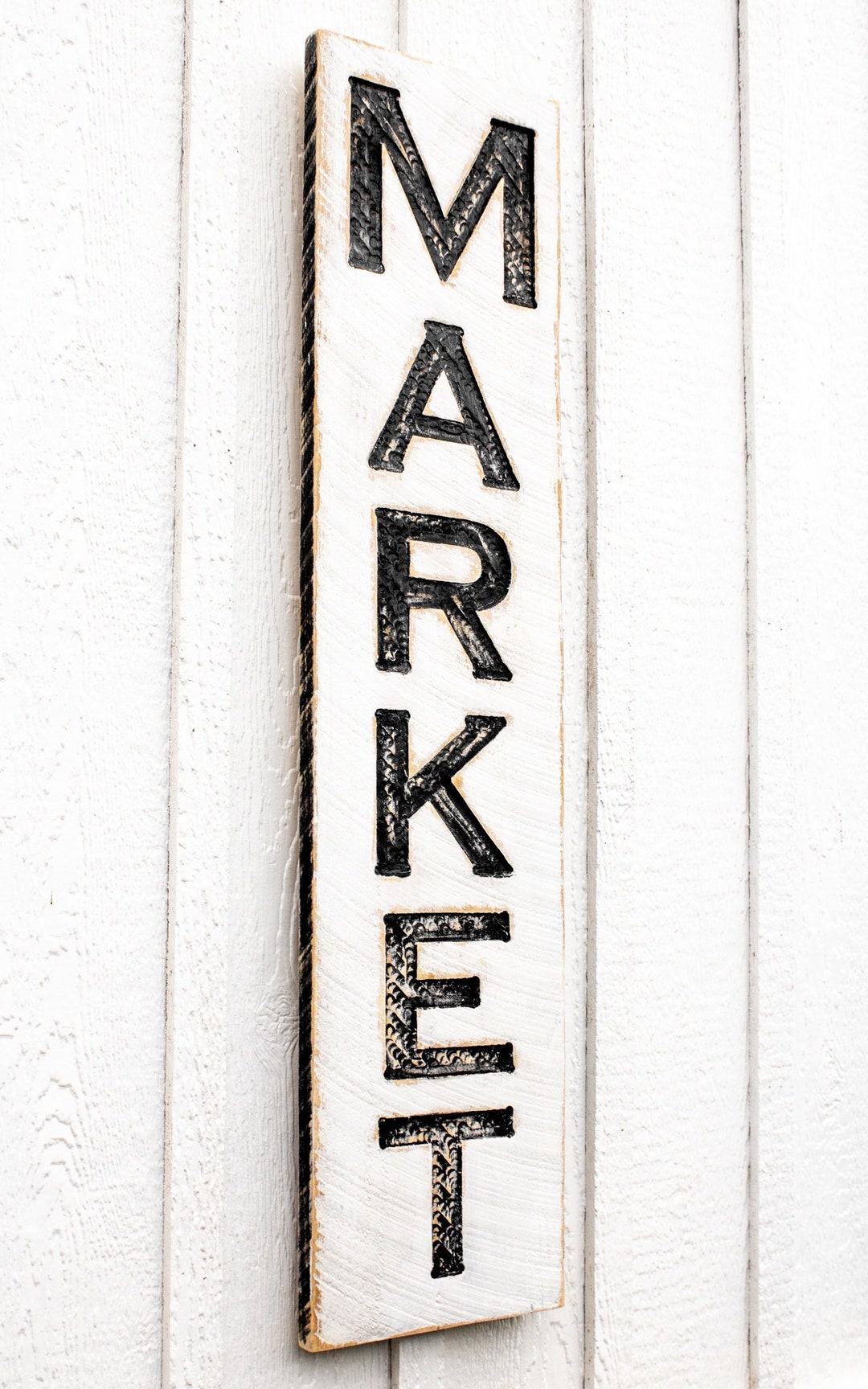 Market Sign Vertical - Carved in a Solid Wood Board Rustic Distressed ...