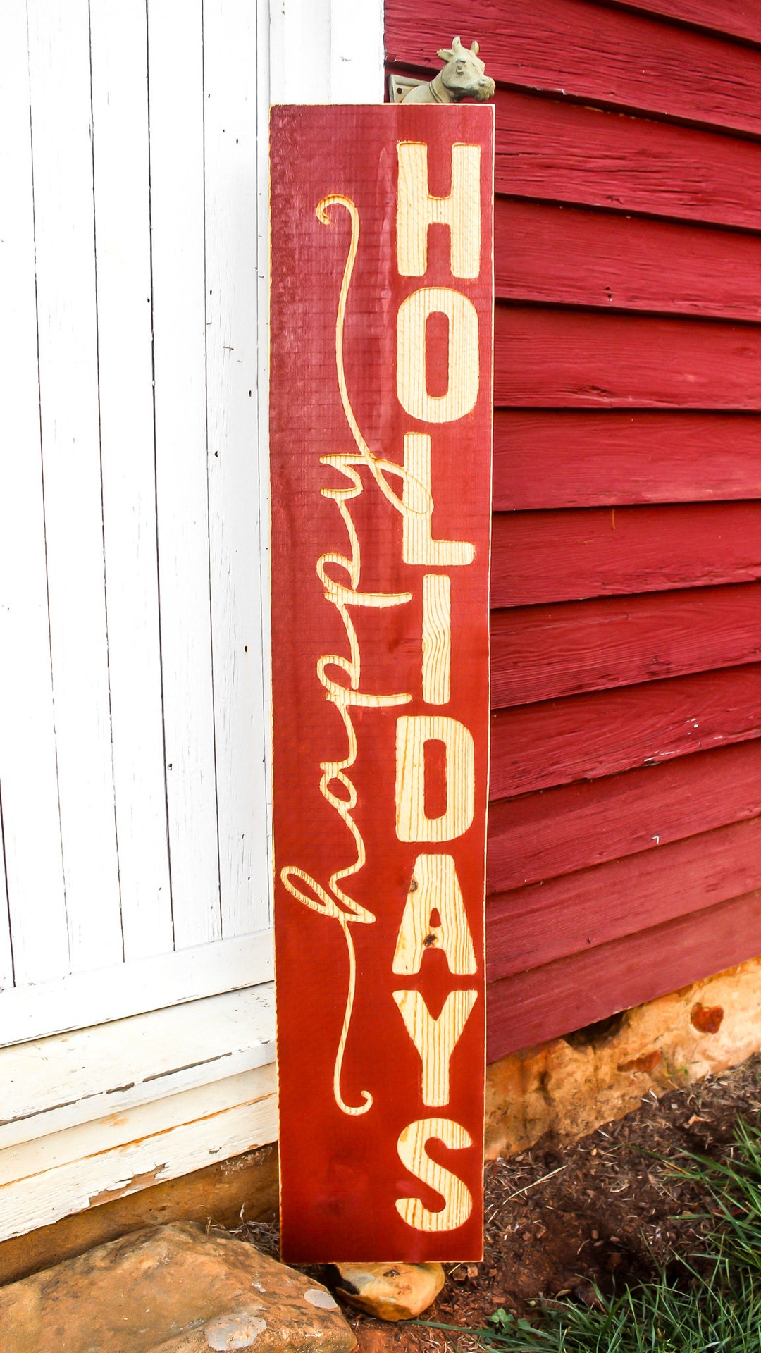 Large Happy Holidays Sign | Carved in Solid Wood | Rustic Distressed ...