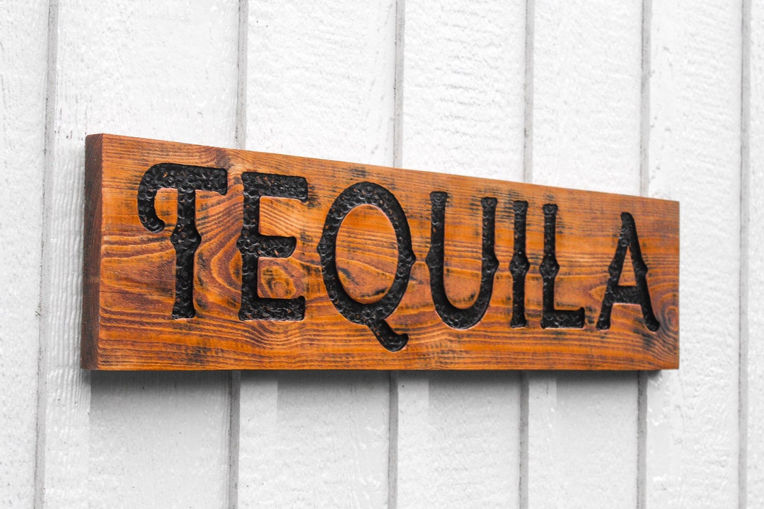 Tequila Sign - Carved in 32"x 8" Solid Wood Board Rustic Distressed ...