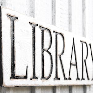 Library Sign - Carved in a 40"x8" Solid Wood Board Rustic Distressed ...