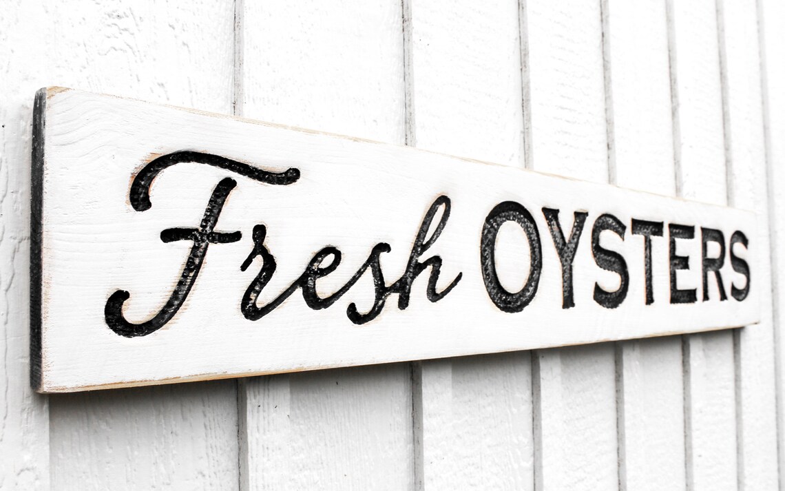 Fresh Oysters Sign - Carved in a 48"x8" Solid Wood Board Rustic ...