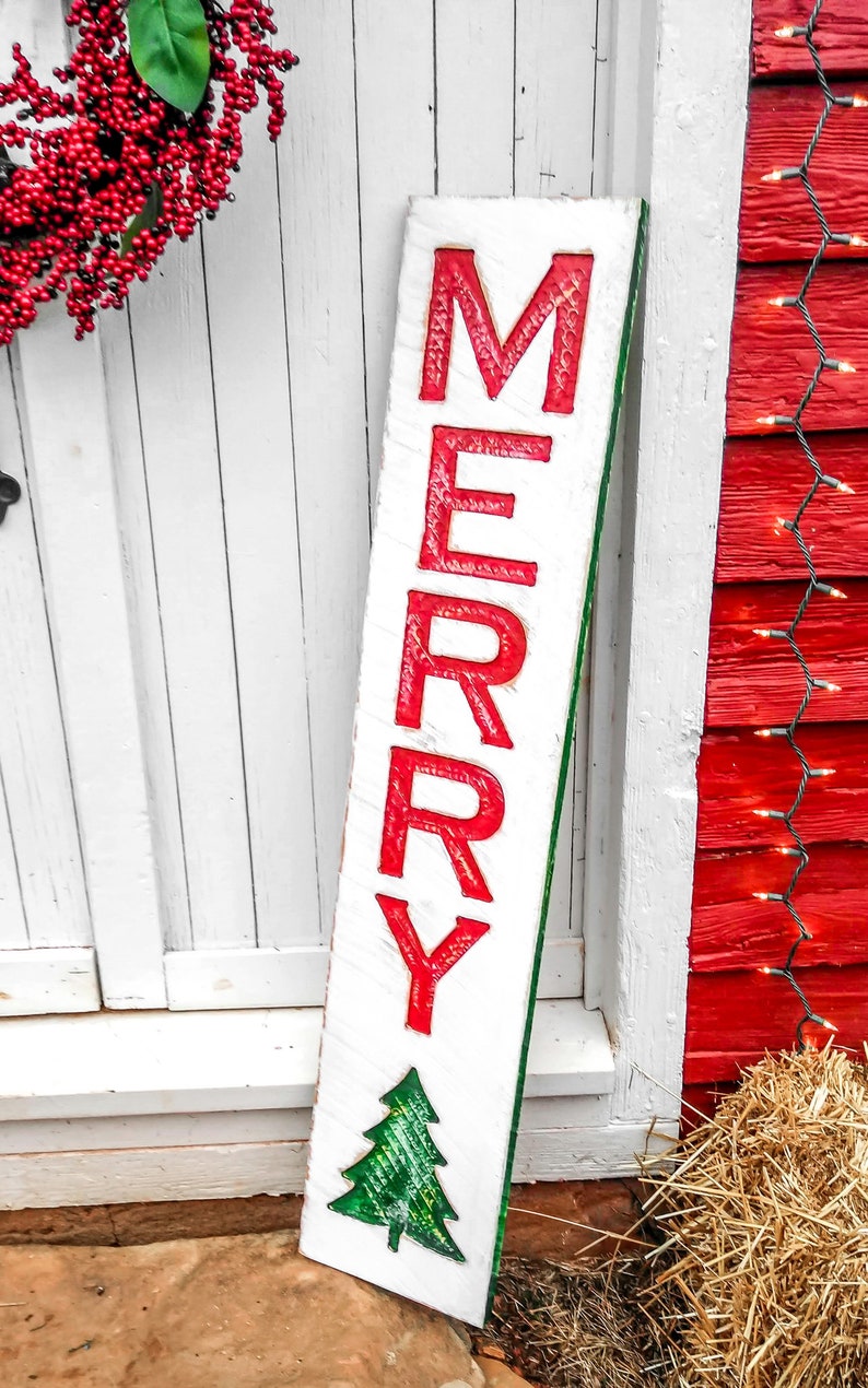 Merry Sign | Carved in Solid Wood | Rustic Distressed Finish ...