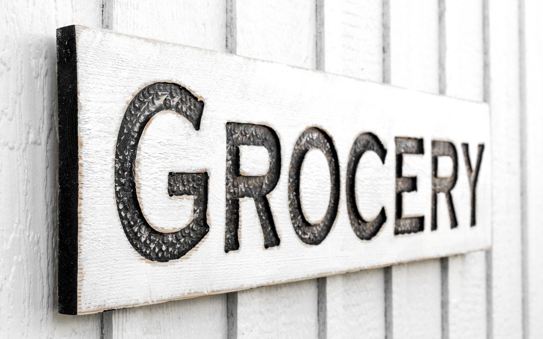Grocery Sign - Carved in a Solid Wood Board Rustic Distressed Farmhouse ...