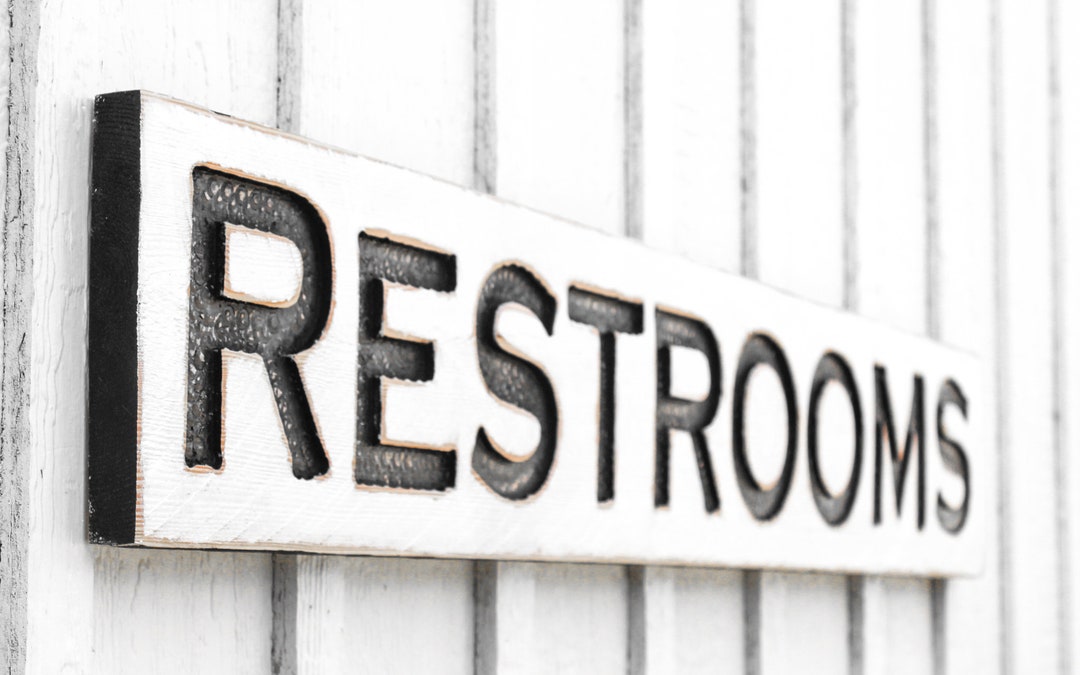 Restrooms Sign - Carved in a Solid Wood Board Rustic Distressed Shop ...