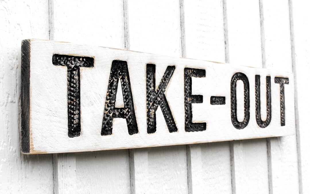 Take-out Sign - Carved in a 40"x8" Solid Wood Board Rustic Distressed ...