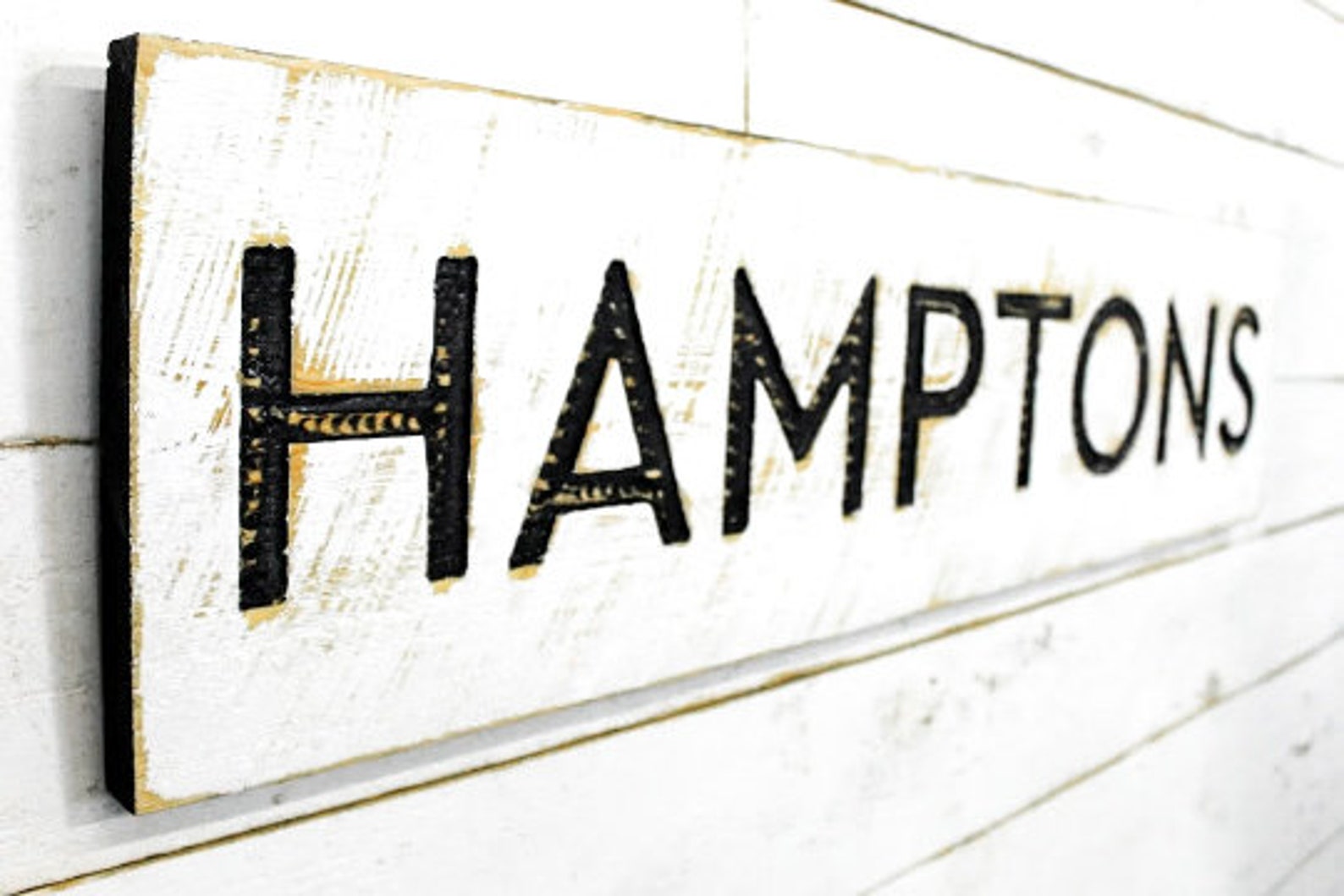 Hamptons Sign Carved in a 40x10 Solid Wood Board Rustic Distressed Arts ...