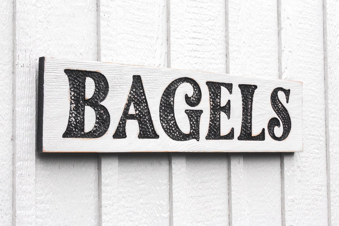 Bagels Sign - Carved in 32" X 8" Solid Wood Board Rustic Distressed ...